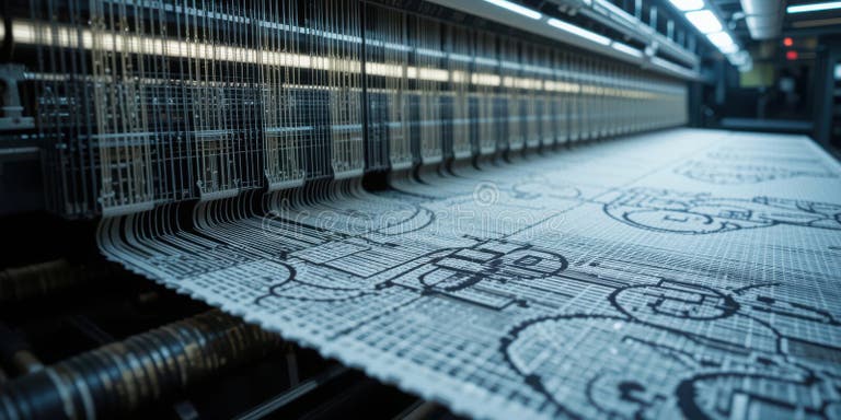 Automated Industrial Loom Weaving Fabric with Complex Technical Diagram ...