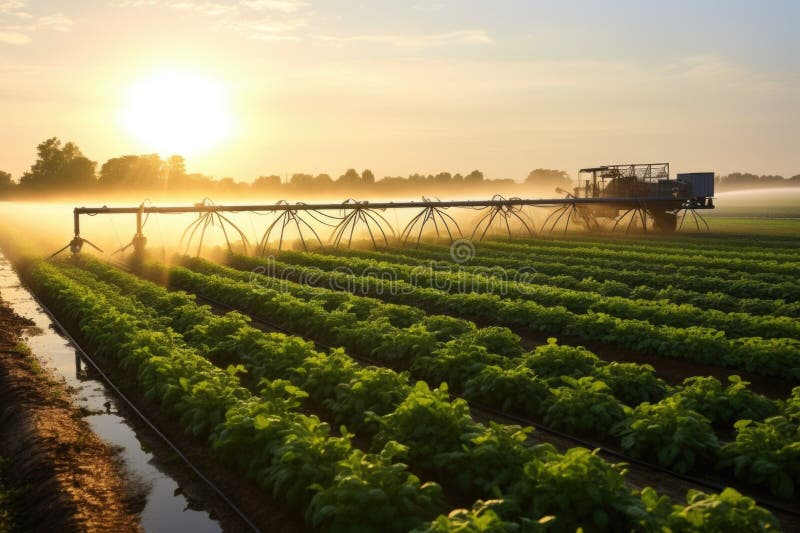 Automated Irrigation System Watering Plants on a Farm Stock Image ...