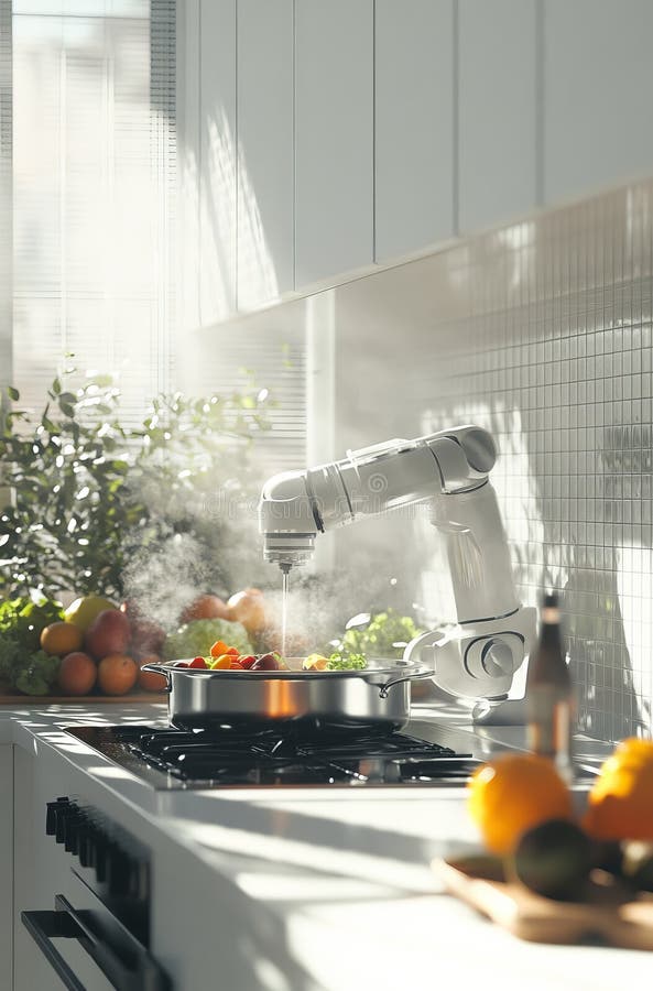 Automated Kitchen Robot Cooking Vegetables in Modern Sunlit Kitchen ...