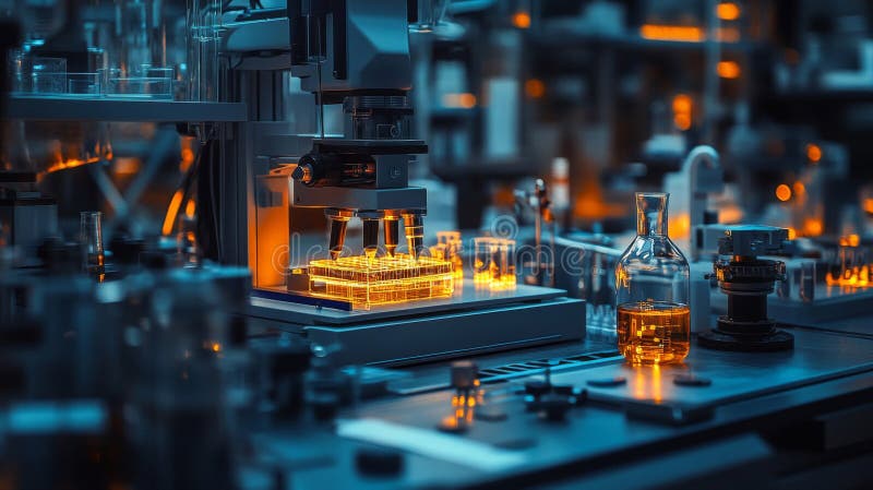 Automated Laboratory Equipment with Glowing Chemical Samples Stock ...