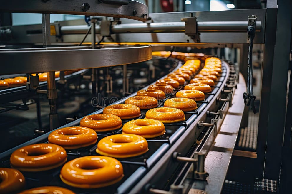 An Automated Line Manufacturing Doughnuts Using Stock Photo - Image of ...