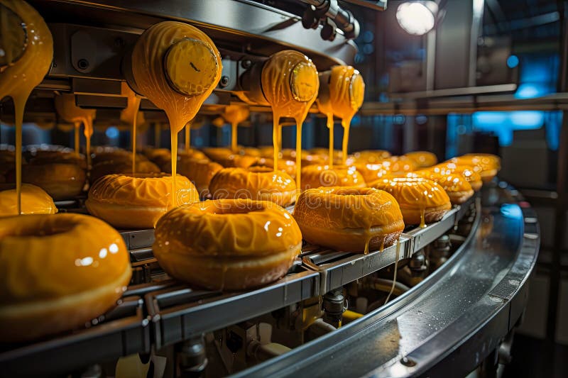 An Automated Line Manufacturing Doughnuts Using Stock Photo - Image of ...