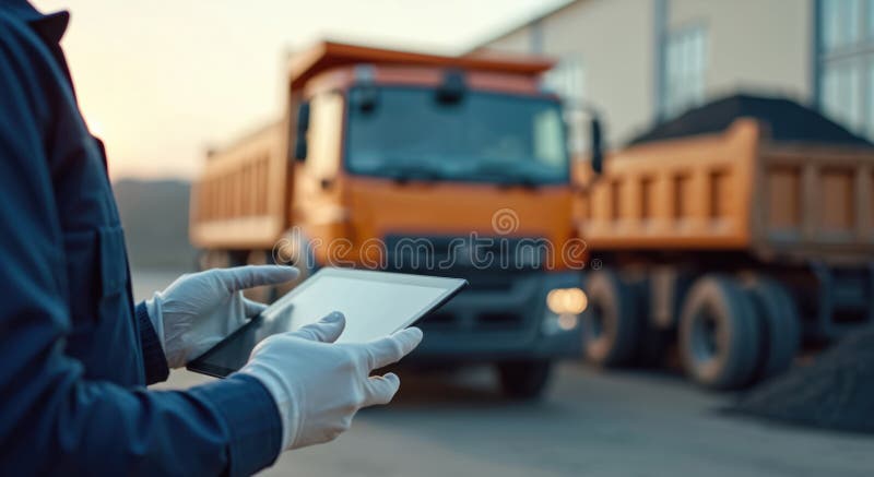 Automated Logistic Online Internet Concept. Dump Truck Driver Controls ...