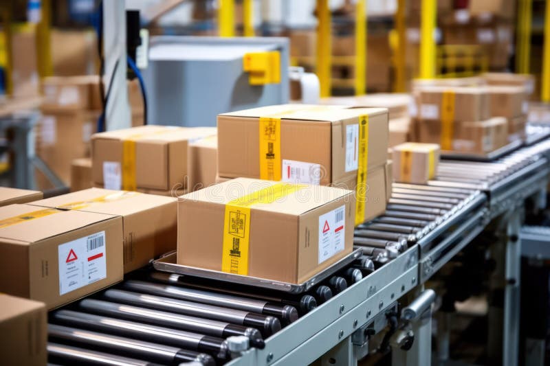 Automated Logistics, Barcode-Labeled Boxes on Conveyor Belt Stock ...
