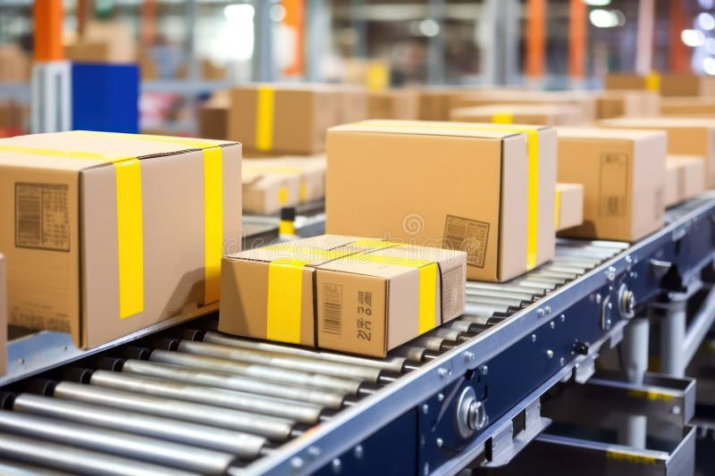 Automated Logistics, Barcode-Labeled Boxes on Conveyor Belt Stock ...