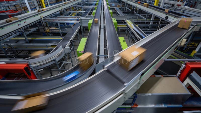 Automated Logistics Warehouse with Conveyor Belts Sorting Boxes at High ...