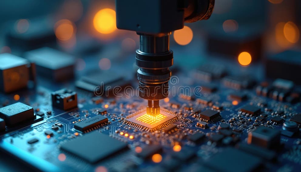 Automated Machine Assembles Electronic Circuit Board, Microchip ...