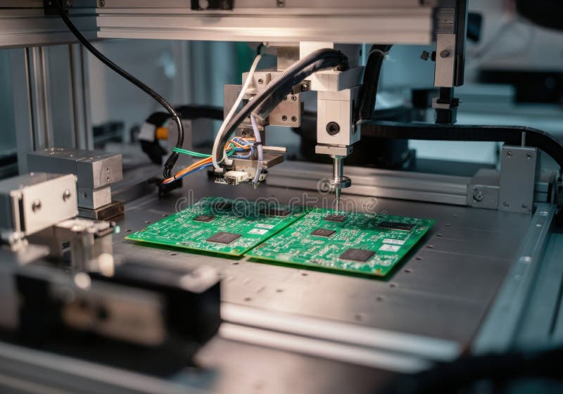 Automated Machine Assembling Green Circuit Boards in a Modern Factory ...