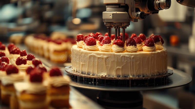 Automated Machine Decorating a Row of Cakes with Raspberries Stock ...