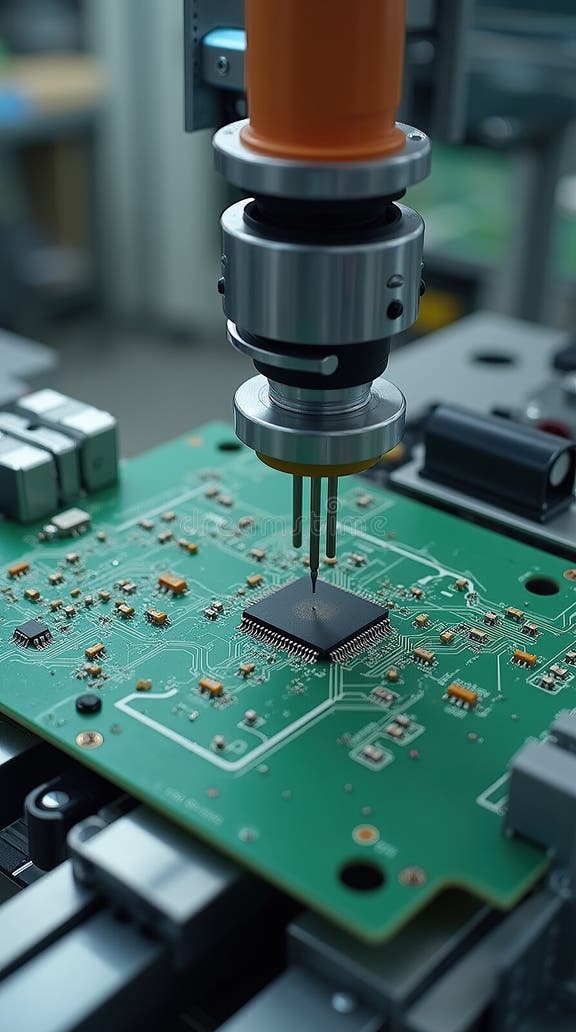 Automated Machine Installs Components on Moving Circuit Board Stock ...