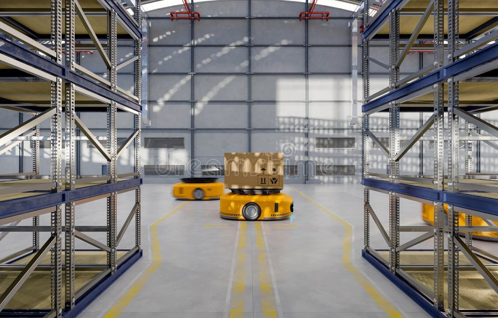 Automated Machine Transferring Box in Warehouse Stock Illustration ...