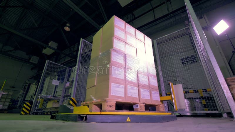 Automated Machine Wrapping Container, Boxes with Transparent Tape. 4K ...