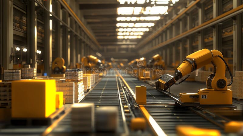 Automated Manufacturing Line with Robotic Arm Moving Boxes Stock ...