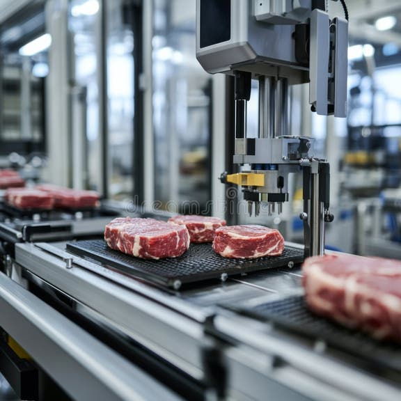 Automated Meat Processing Line with Fresh Beef Steaks on Conveyor in ...