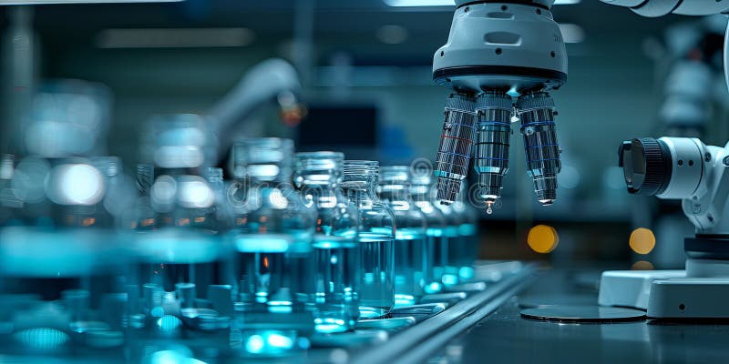 Automated Microscope Inspecting Glass Vials with Blue Liquid on ...