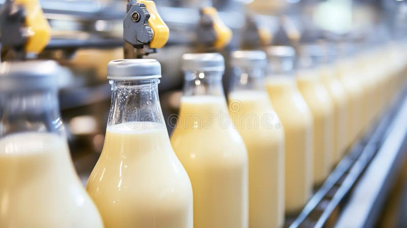 Automated Milk Bottling in Modern Dairy Production Facility Stock Photo ...