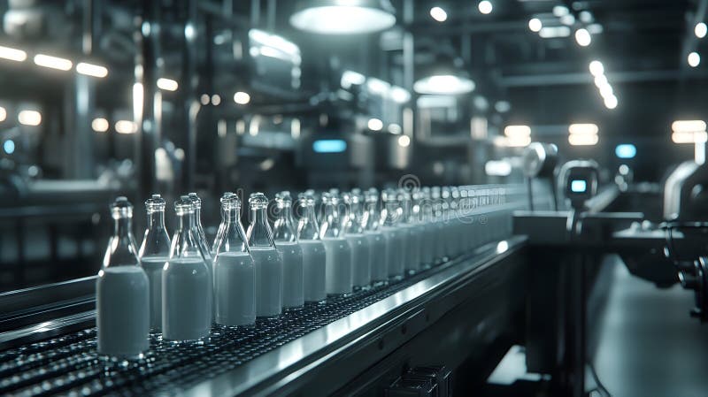 Automated Milk Bottling Production Line in Modern Factory Setting Stock ...