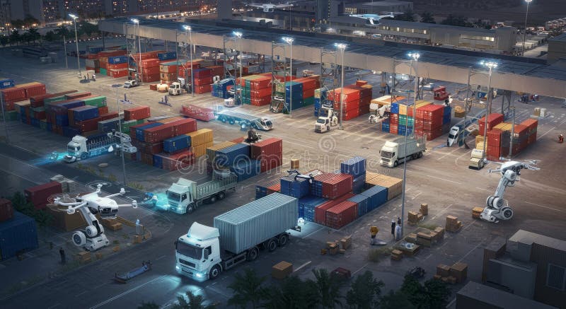 Automated Nighttime Cargo Port Robotics and Drones in Logistics Stock ...