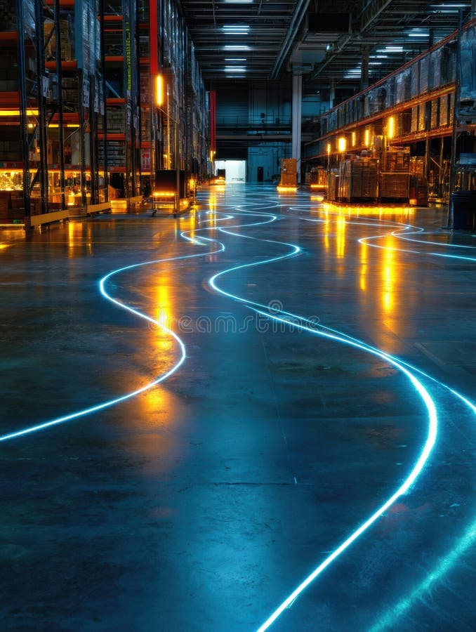 Warehouse Floor Illuminated by Automated Package Tracks Creating an ...