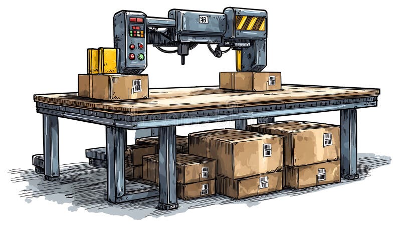 Automated Packaging Machine with Cardboard Boxes in Warehouse HandDrawn ...