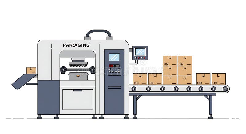 Automated Packaging Machine Processing Boxes on Conveyor Belt Stock ...