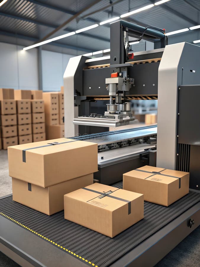 Automated Packaging Machine in a Warehouse with Stacked Cardboard Boxes ...