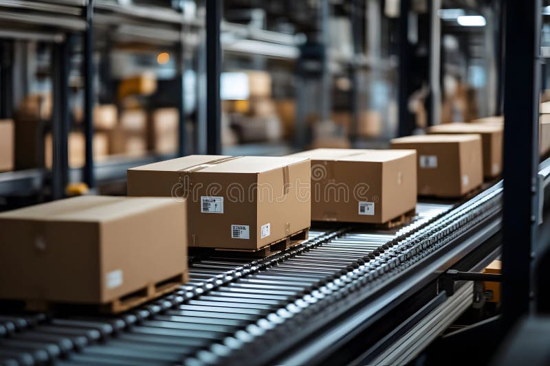 Automated Packaging Process with Boxes on Conveyor in a Logistics and ...