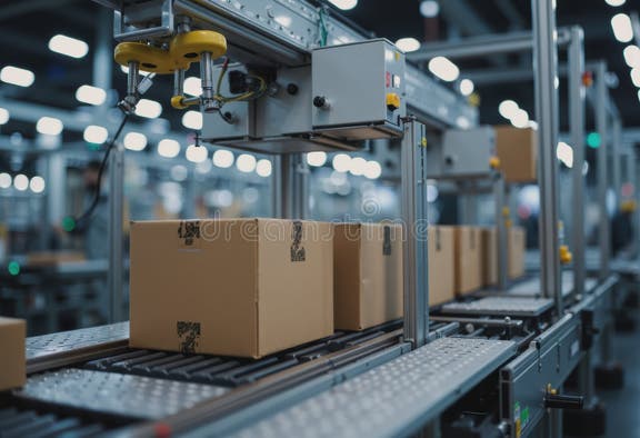 Automated Packaging System with Empty Boxes on a Conveyor Belt Stock ...