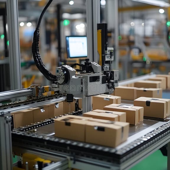 Automated Packaging System Robotic Arm Processing Cardboard Boxes in a ...