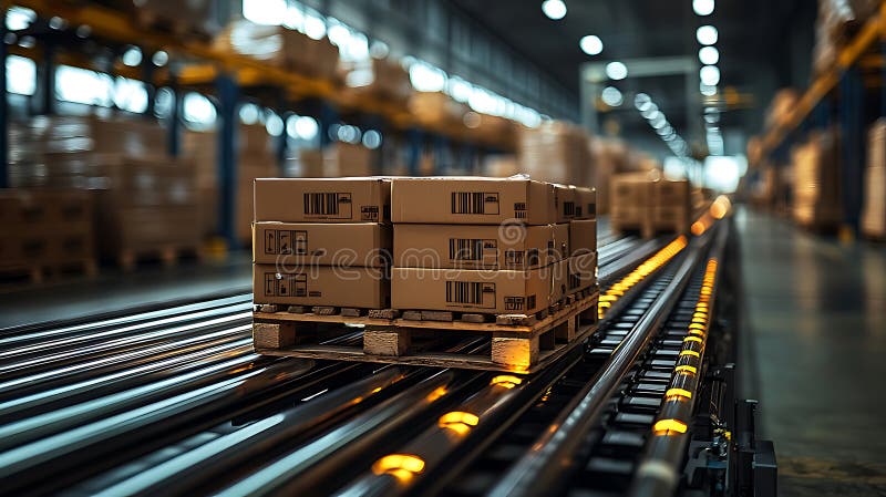 Automated Pallets of Goods Moving on Conveyor in Warehouse Setting ...