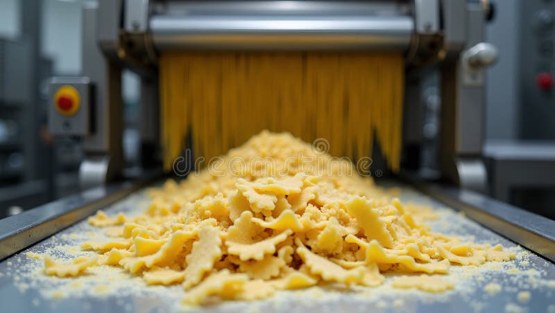 Automated Pasta Machine Cutting Raw Pasta into Shapes on Conveyor Belt ...
