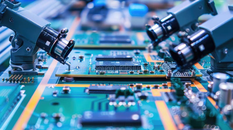 Automated PCB Assembly Line. Conveyor with Robotic Arms in Electronics ... Automated PCB Assembly Line. Conveyor with Robotic Arms in Electronics ...