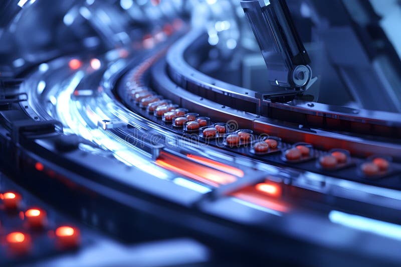 Automated Pharmaceutical Production Line with Capsules on Conveyor Belt ...