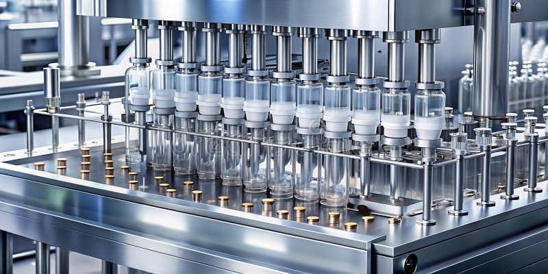 Automated Pharmaceutical Production Line Filling Clear Containers with ...
