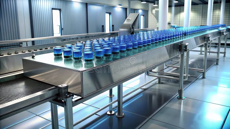 Automated Pharmaceutical Production Line Panoramic View of Blue Vials ...