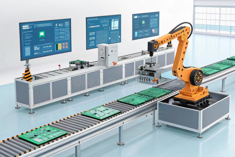 Automated Production Line for Circuit Boards. Manufacturing Conveyor ...