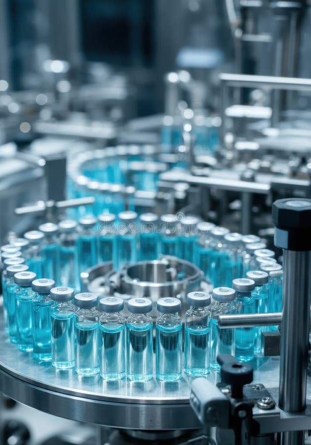 Automated Production Line with Vials of Blue Liquid in a Pharmaceutical ...