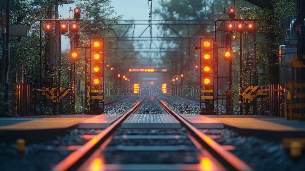 Automated Railway Check Point With Advanced Monitoring And Security Systems During Twilight