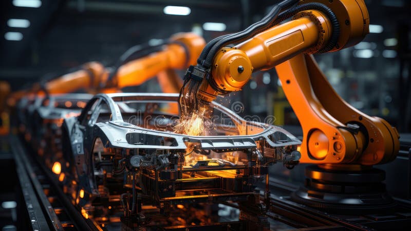Automated Robot Arm Assembly in a Car Factory Concept 3D Rendering ...