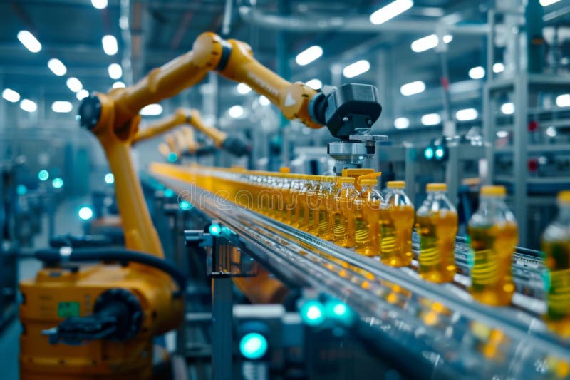 Automated Robot Arm in Modern Bottle Packaging Assembly Line Stock ...