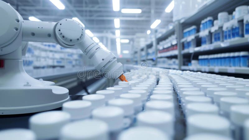Automated Robot Arm in Pharmaceutical Production Line, Executing ...