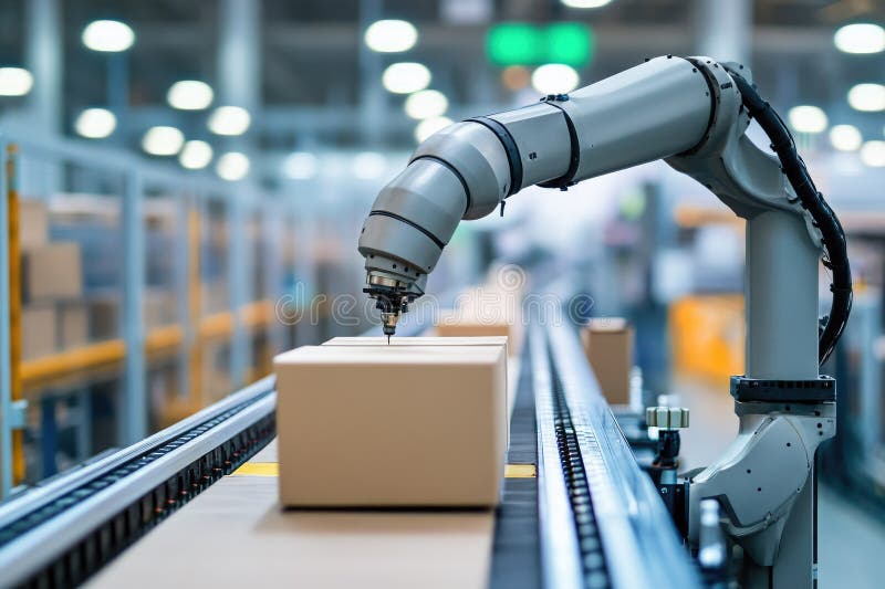 Automated Robot Arm Placing Component on Box in a Modern Factory Stock Illustration ...
