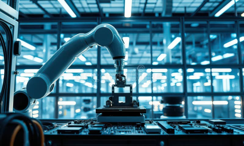 Automated Assembly Line Manufacturing Robotic Arm and Electronic Circuit Board Industrial ...