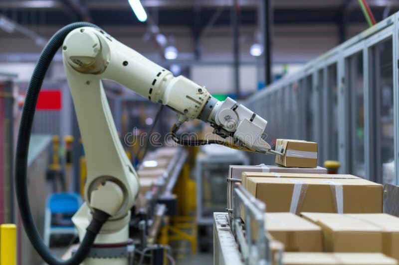 Automated Robot Arm Sorting Packages in Factory Stock Illustration ... Automated Robot Arm Sorting Packages in Factory Stock Illustration ...