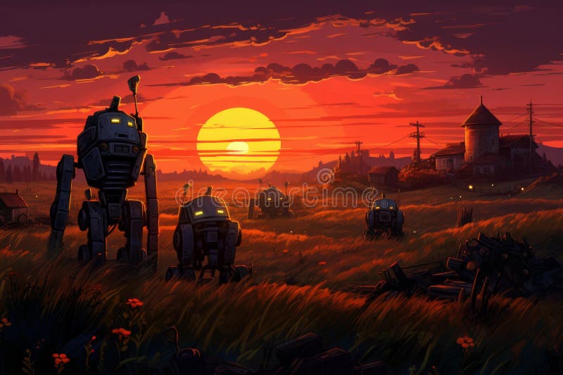 Automated Robot Farm Machine Sunset. Generate Ai Stock Illustration ...