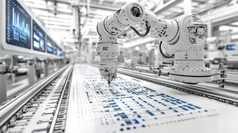 Automated Robot Inspects Microchip in High-tech Lab Stock Illustration ...