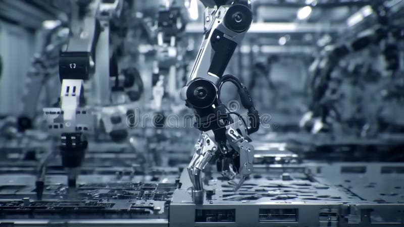 Robot Arm Handling Component on Automated Assembly Line Slow Motion ...