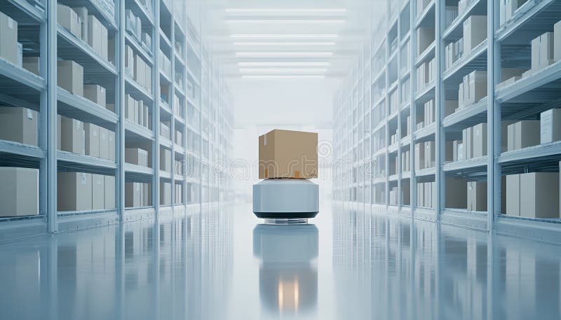 Automated Robot Transporting Box in a Modern Warehouse Setting Stock ...