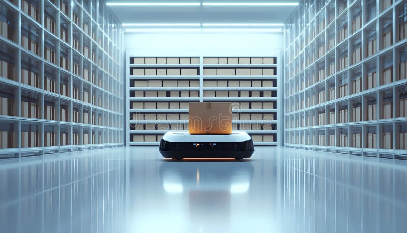 Automated Robot Transporting Box in a Modern Warehouse Setting Stock ...