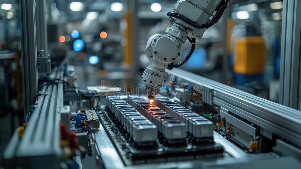 Automated Robotic Arm Assembling Batteries in Modern Manufacturing ...